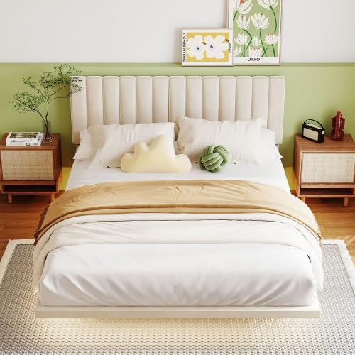AnwickNomo Floating Velvet Bed Frame Queen with Sensor Light and Headboard, Upholstered Led Queen Platform Bed Frame for Boys Girls Kids, Light Up Bed Frame, Bedroom Sets, Noise-Free (Beige)