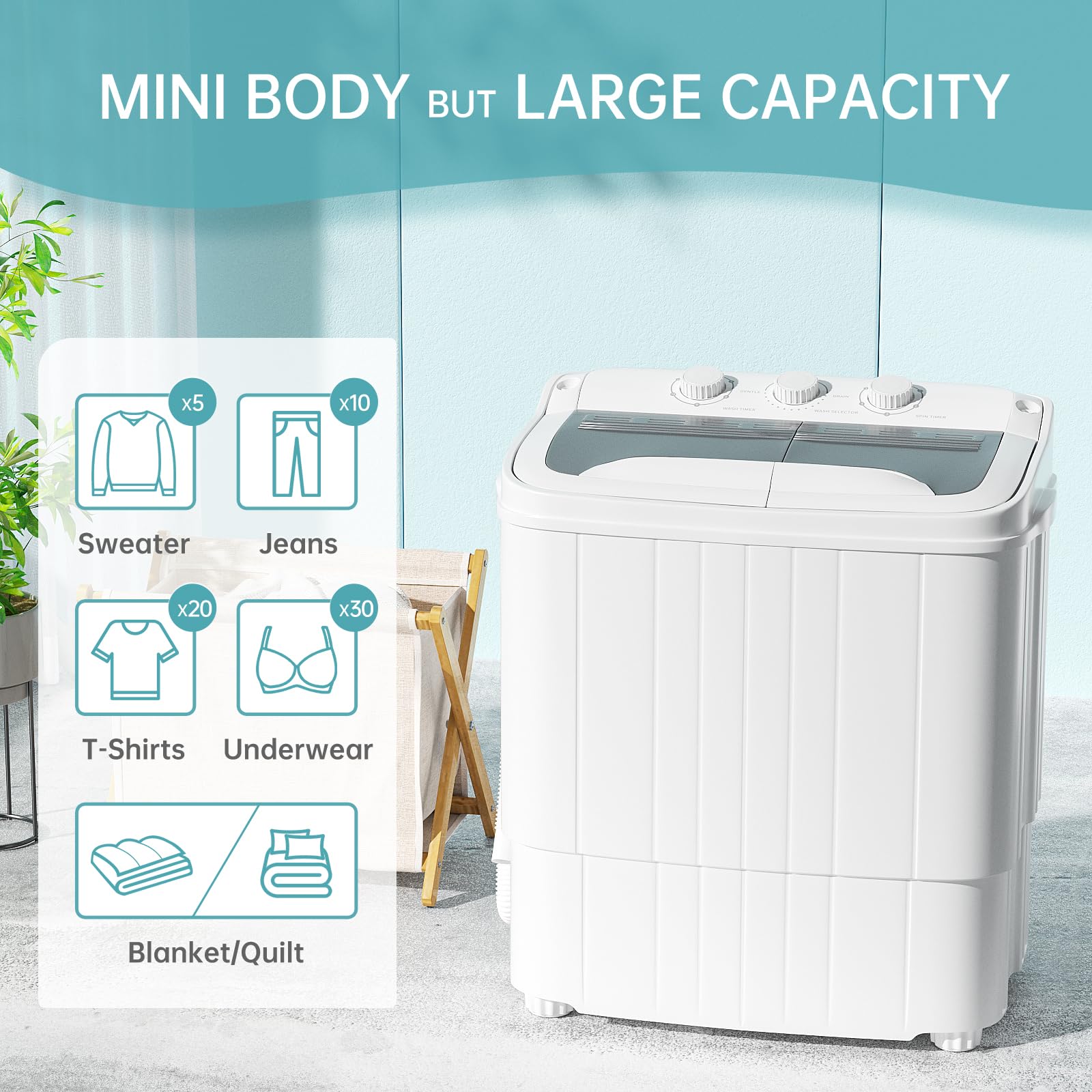 INTERGREAT Portable Washing Machine, 22 lbs Mini Small Washer Machine Combo with Spin Dryer, Compact Twin Tub Laundry Washer Machine for Apartments, Dorm, Rv, Camping, Gray