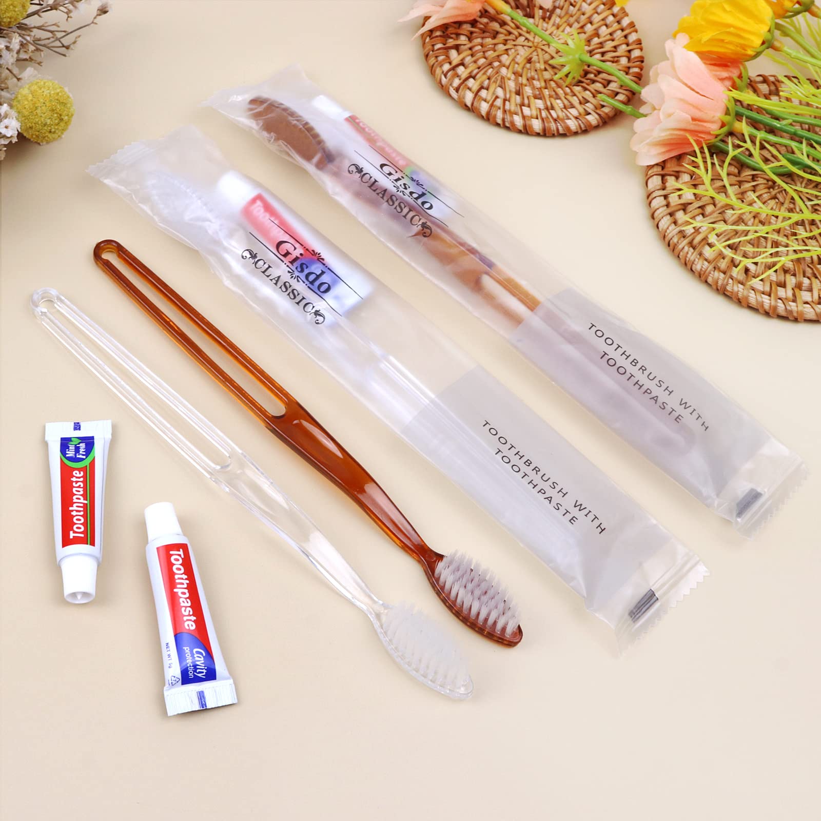 60 Pack Disposable Toothbrushes with Toothpaste Set, Individually Wrapped Disposable Toothbrushes Bulk Toothbrushes Medium Soft Bristle, Manual Travel Toothbrush Set for Travel Hotel Guest, 2 Colors