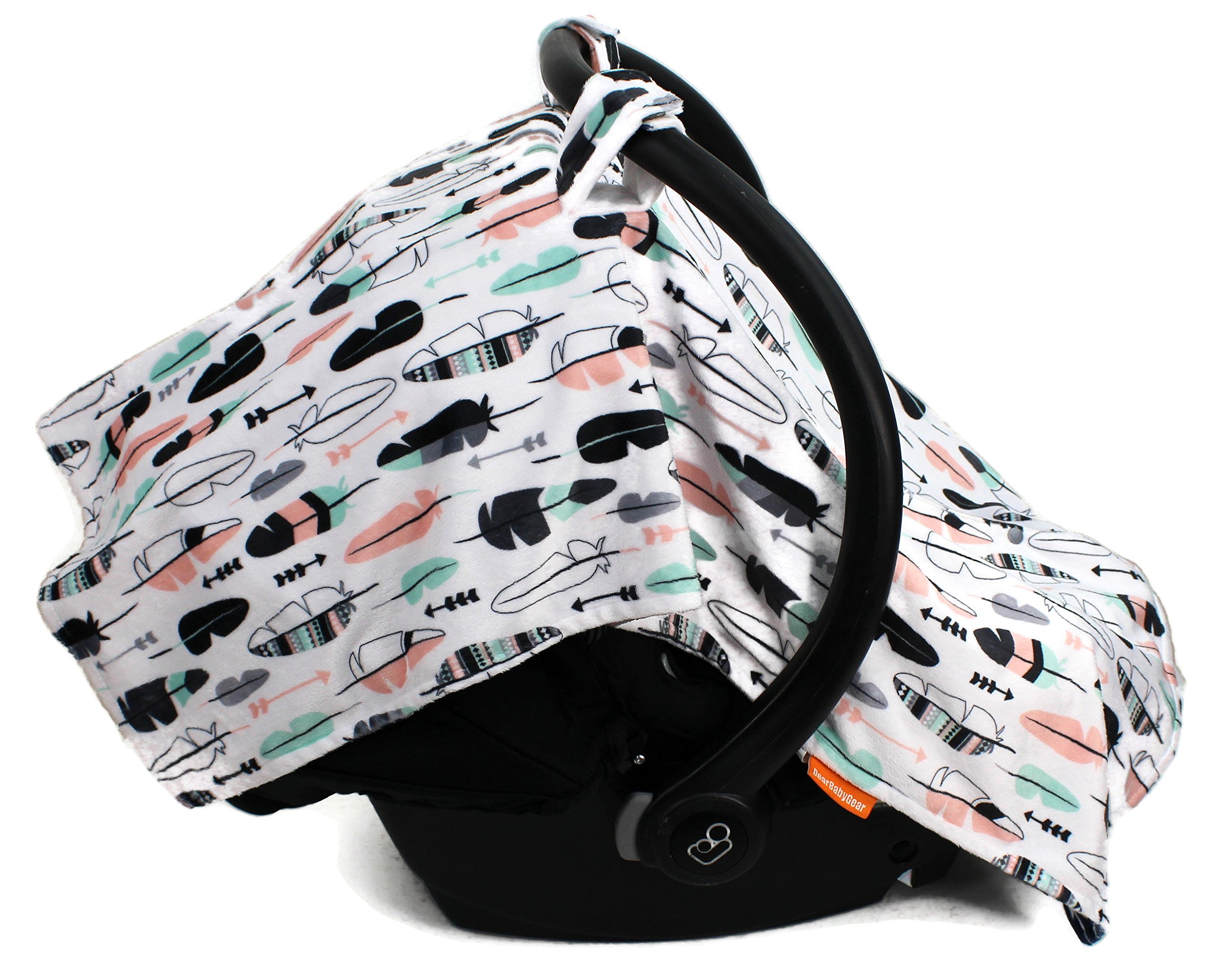 Dear Baby Gear Deluxe Reversible Car Seat Canopy, Custom Minky Print, Woodland Deer Quilt Feathers Pink Mint