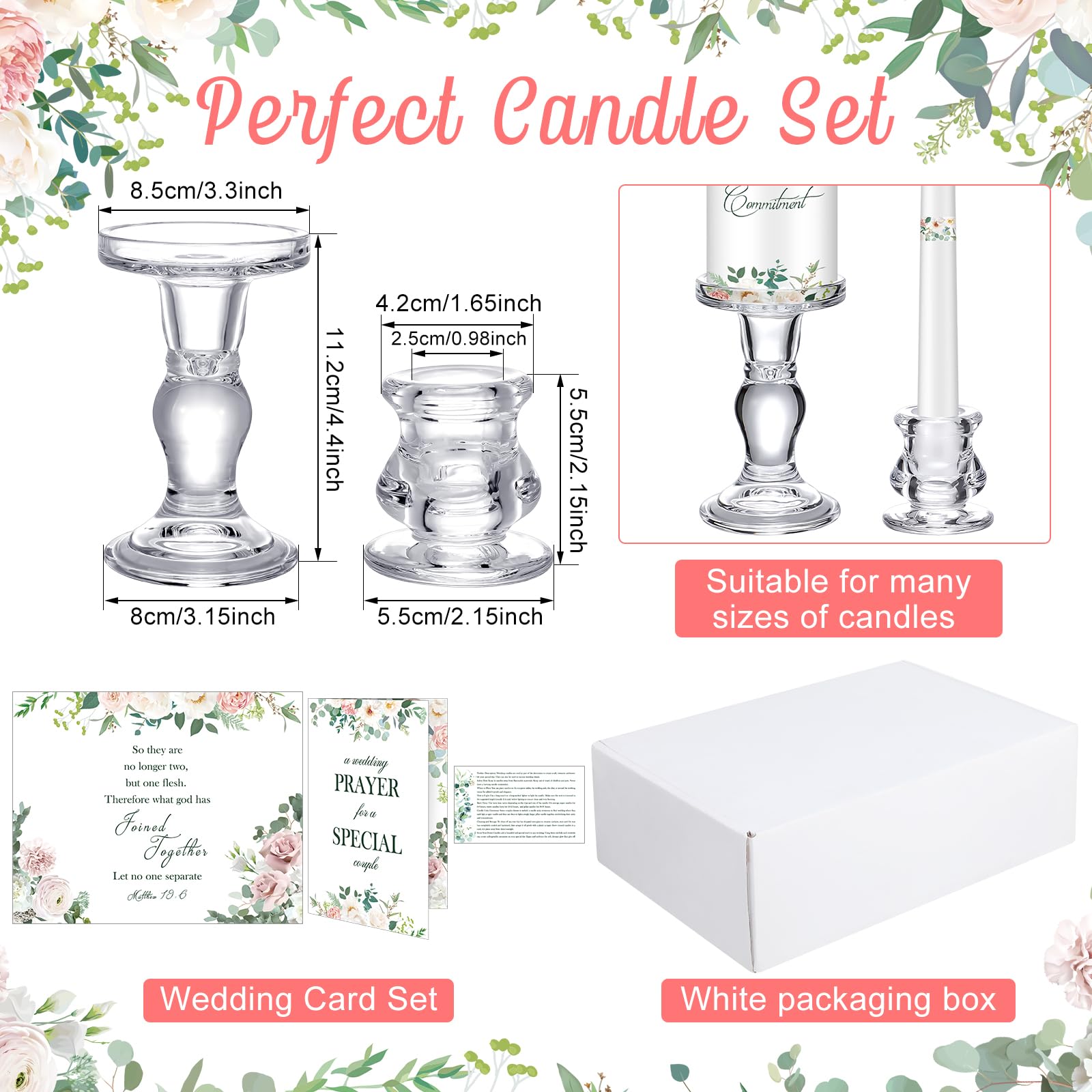 Layhit Unity Wedding Candles Ceremony Set with Glass Candlesticks Holders Wedding Accessories and Decor Unity Candle Set for Religious Wedding Anniversary Big Events Gifts for Couple