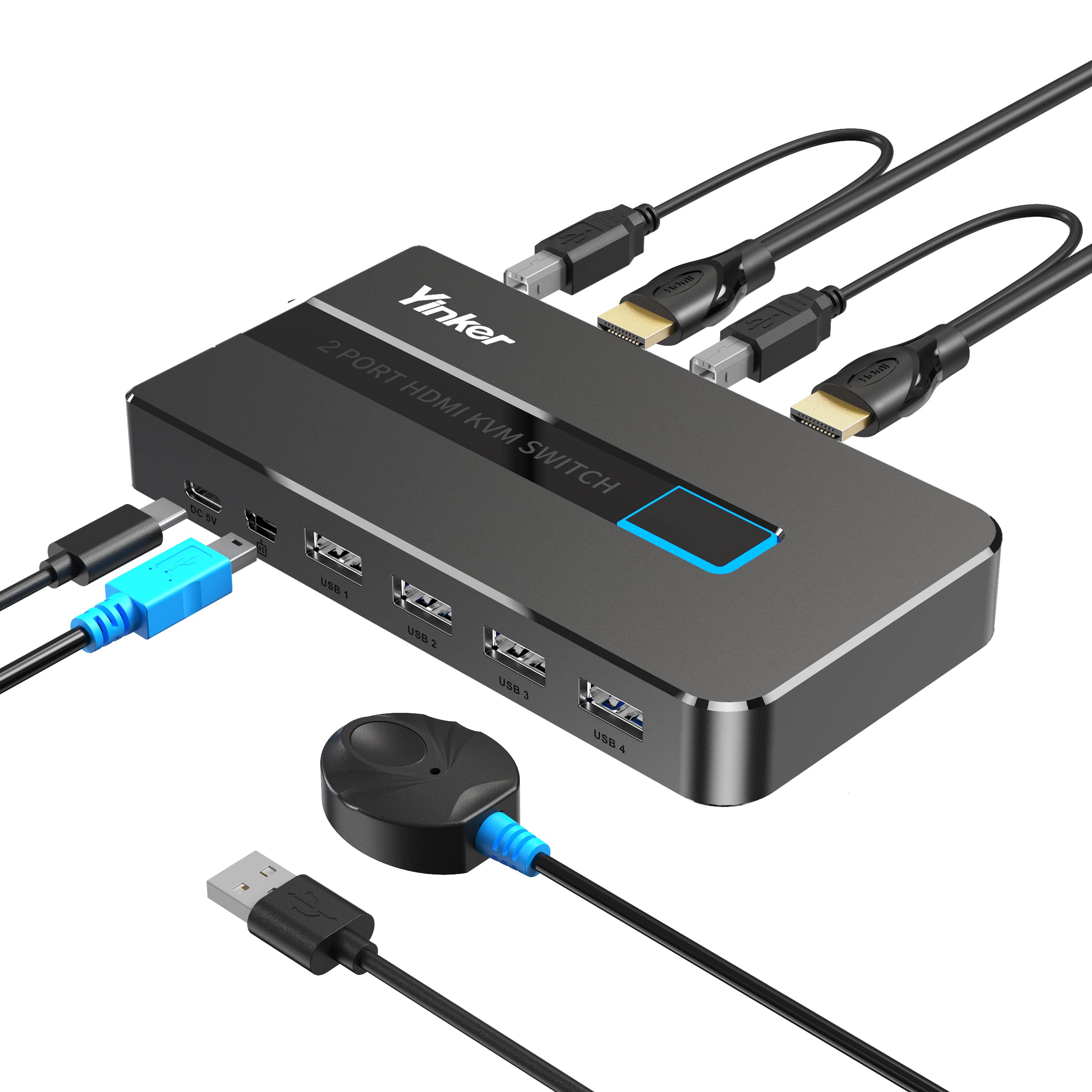 4K HDMI KVM Switch 2 Port, 4K@60Hz USB KVM Switch for 2 Computers 1 Monitor, w/2 KVM Cables & Wired Selector & 4 USB 2.0 Hubs