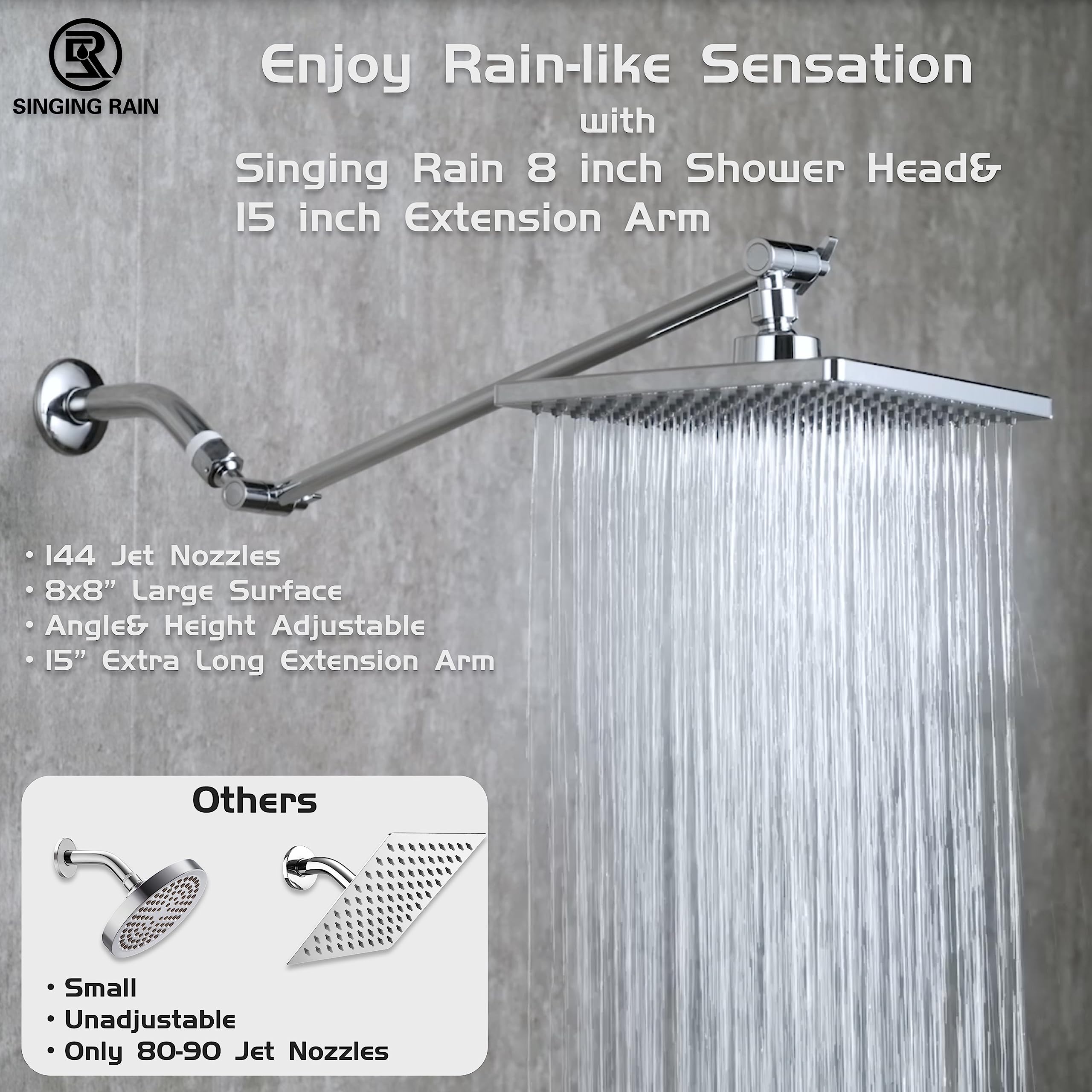 8'' Rain Shower Head with 15'' Extension Arm- ๐ฎ ๐ณ๐ผ๐ฟ ๐ญ ๐๐ผ๐บ๐ฏ๐ผ Large Surface Fixed Square Shower Head- Extra Long Adjustable Shower Head Extension Arm- Singing Rain Ultimate Shower Experience