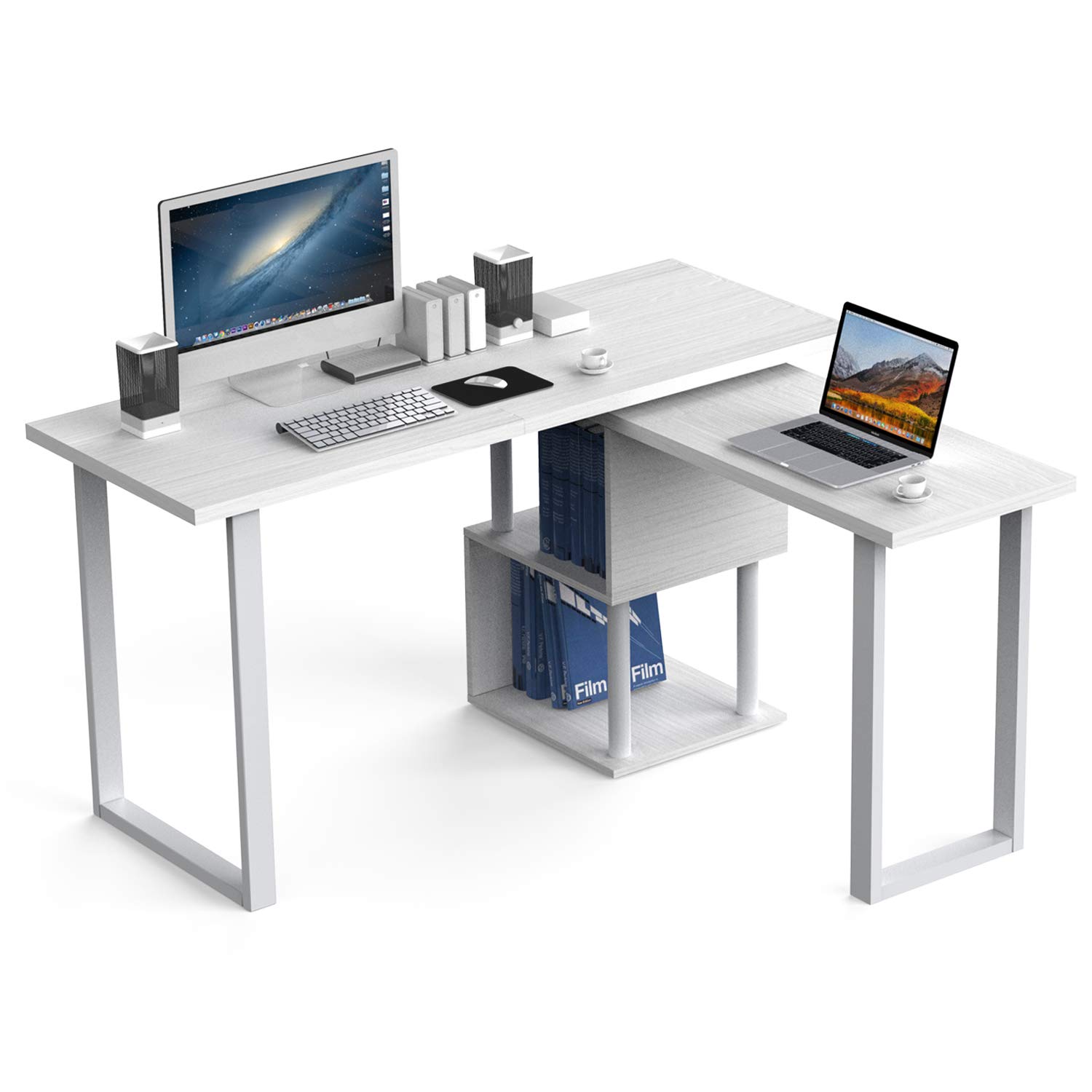 55" Large Size L-Shaped Computer Desk,Workstation with Storage Shelves,360°Rotating Corner Desk,Study Writing Table Home Office Desk (White)