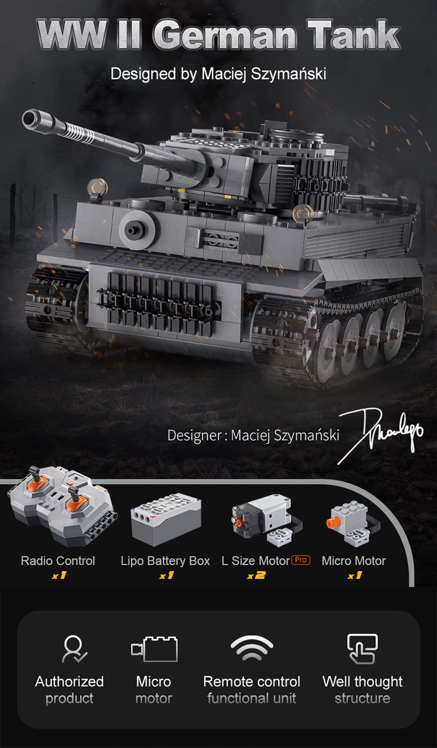 dOMOb Tiger WWII German Tank Building Kit – 2.4G Remote Control Battle Army Build Set – 1:35 RC Tank Model – CaDA Bricks Toy for 14+ Kids & Adults – 925 Building Blocks – for Boys, Hobbyist, Collector