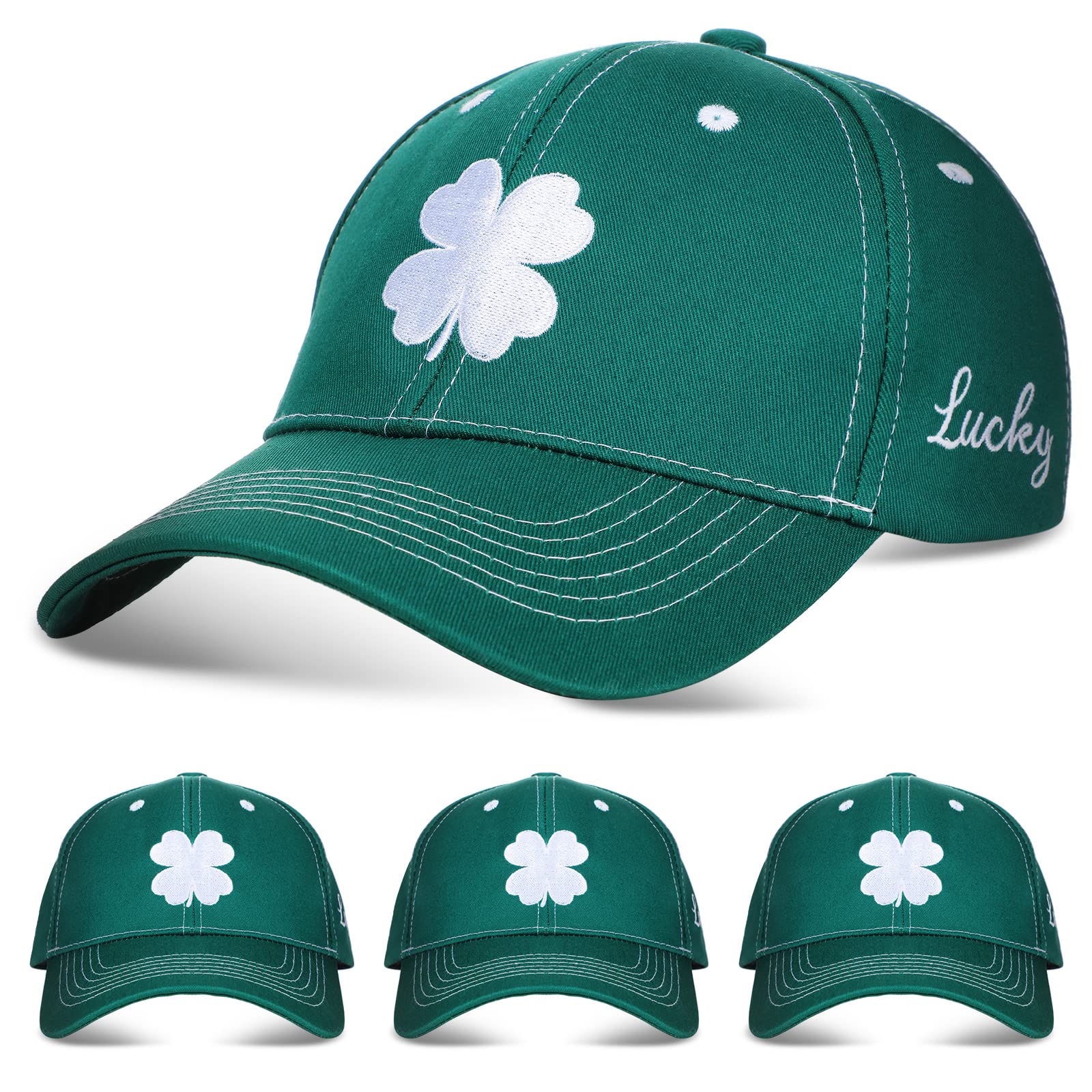 4 Pcs St. Patrick's Day Baseball Hat Shamrock Baseball Cap Irish Hat Clover Embroidered Hat Irish Gifts for Men Women (White)