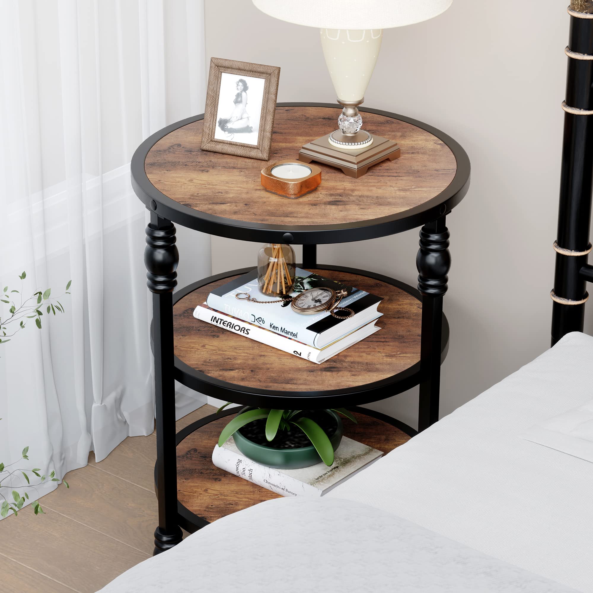 Amyove Round Side Table, 3-Tier End Table Living Room Accent Table with Storage Shelf and Metal Industrial Wood Bed Side Table/Night Stand for Bedroom, Small Spaces, Rustic Brown