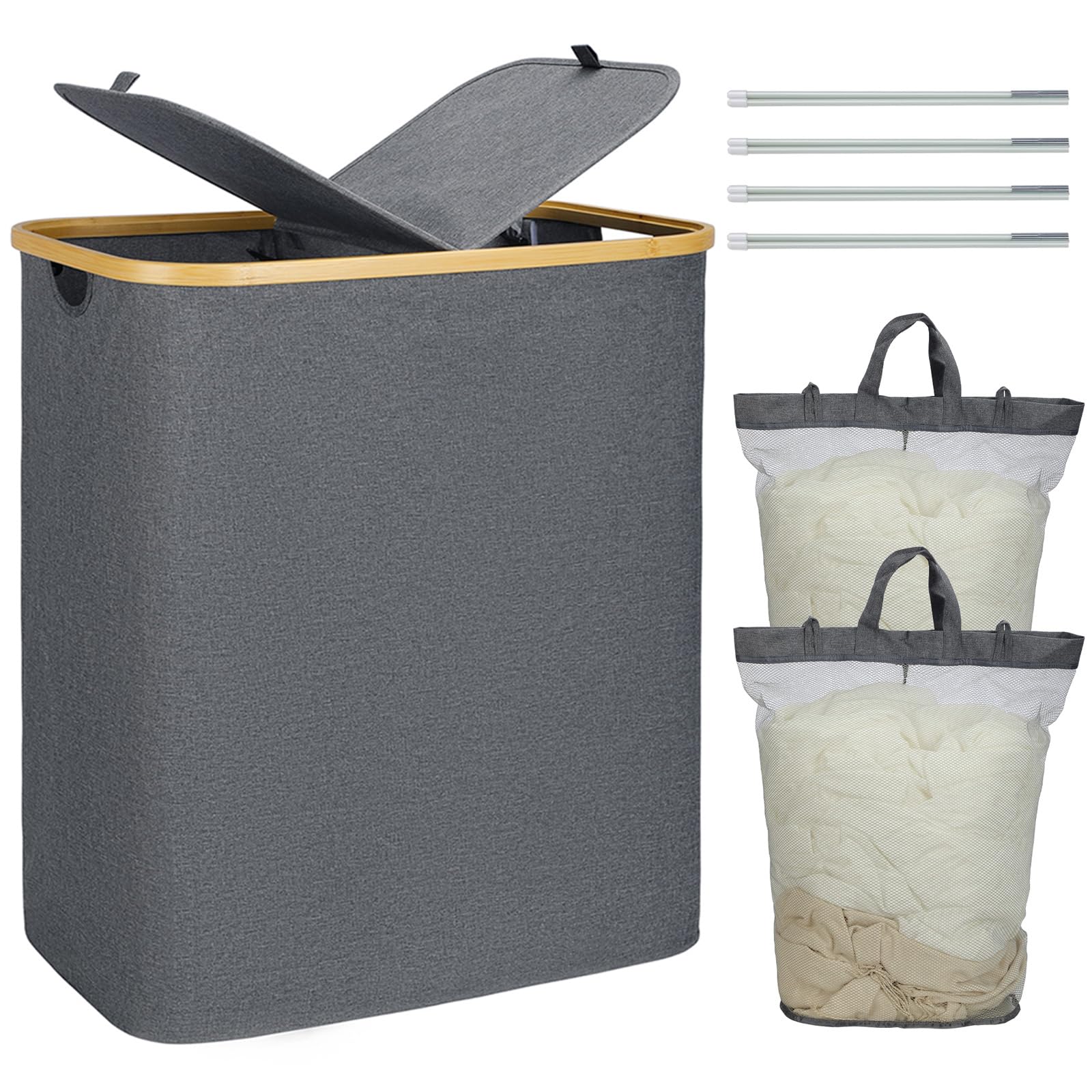 Bellzacasa Laundry Hamper with Lid, 140L Double Dirty Clothes Hamper with Handles and Removable Bags, Large Collapsible 2 Section Laundry Basket for Bedroom Bathroom (Gray)