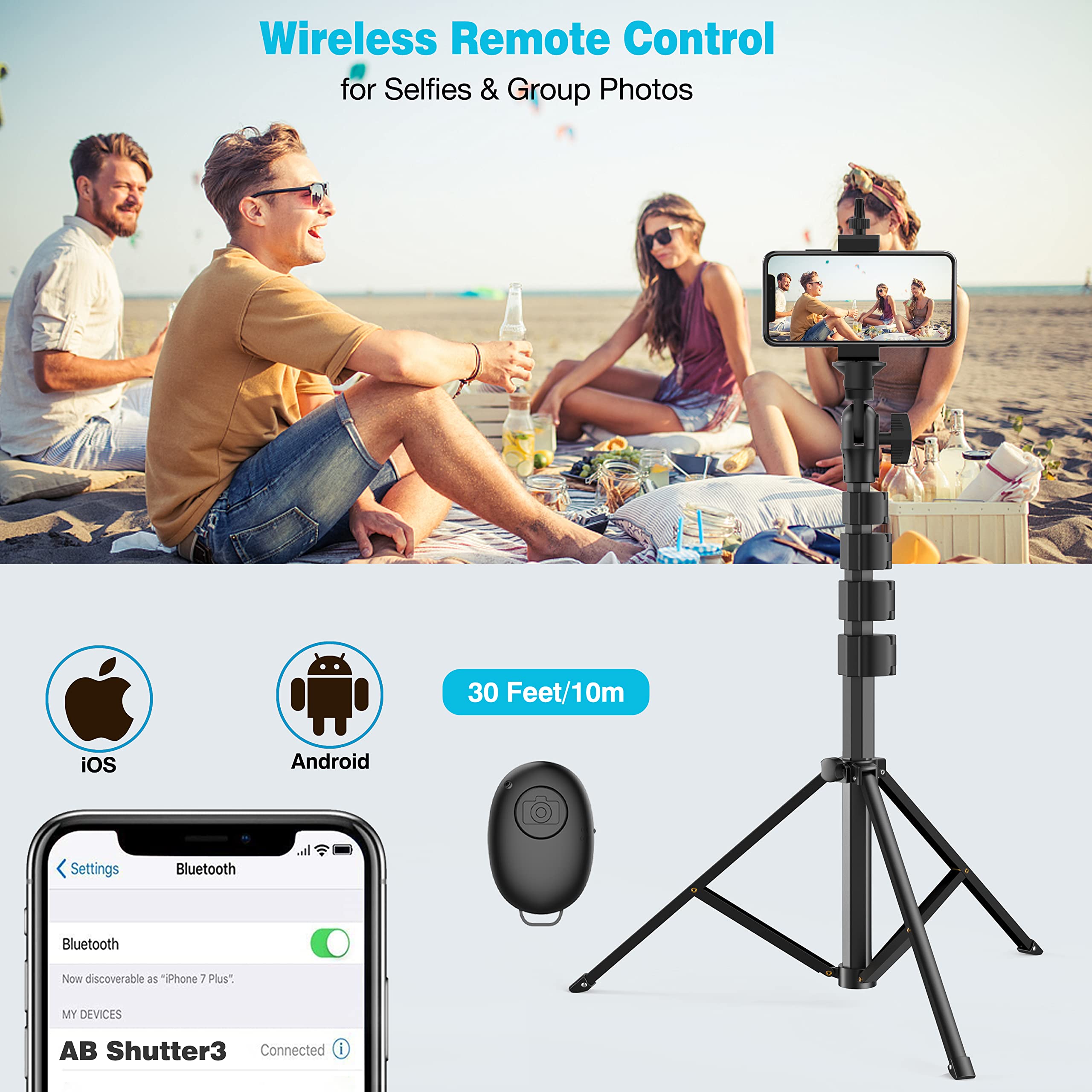 55” Phone Tripod Stand & Selfie Stick Tripod, All-in-One Extendable Camera & Cell Phone Tripod with Wireless Remote and Phone Holder, Compatible with iPhone Andriod Phones Black