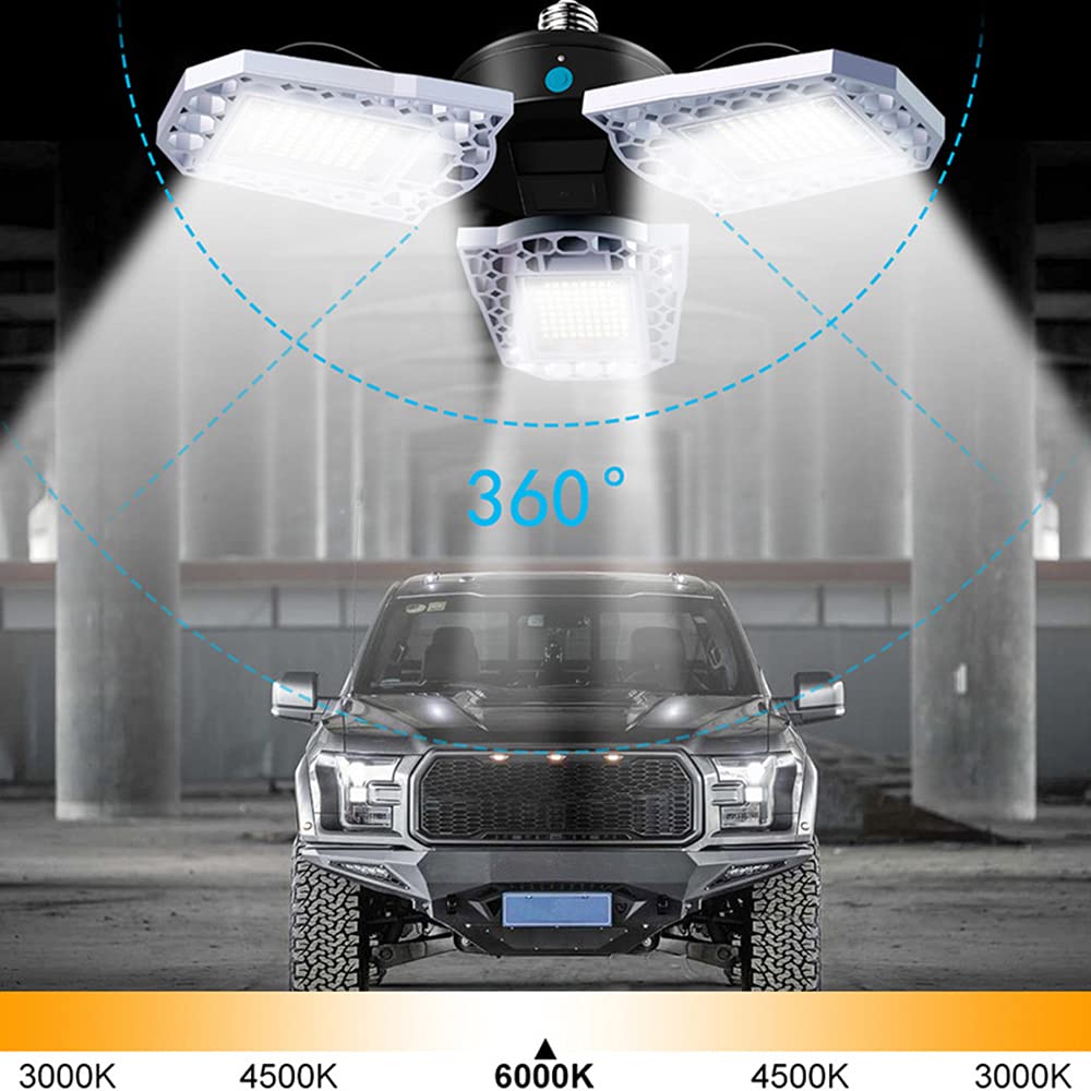 80W Deformable LED Ceiling Garage Lamp, Waterproof and Anti-Leakage Garage Lights with Automatic Light Control Sensor, with 3 Adjustable Panels, E27/E26 9600LM 6000K Daylight for Warehouse Barn (80)