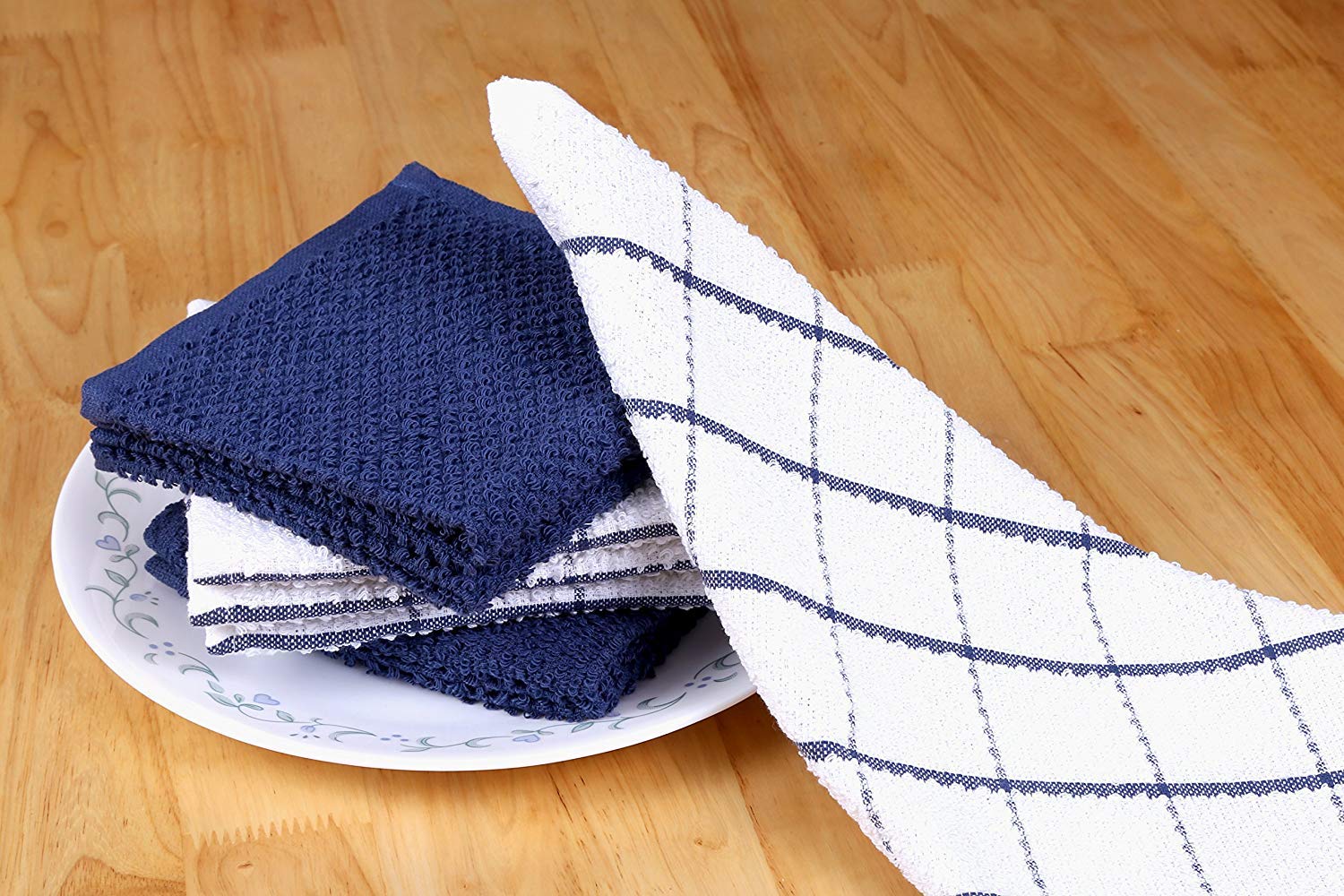 AMOUR INFINI Bundle Pack of 4 Terry Dish Towels + 8 Dish Cloths Ultra Soft and Absorbent Kitchen Towel & Dishcloth Combo - Cotton Dishtowels for Washing Up | Blue