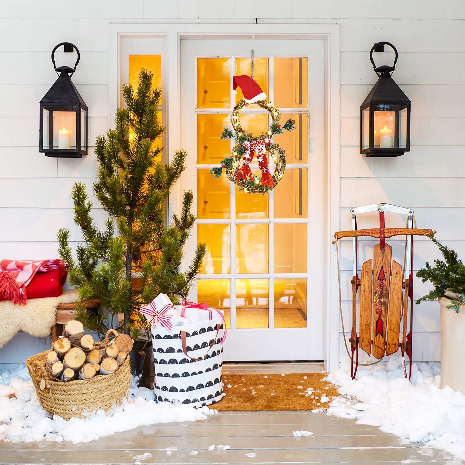 DearHouse Lighted Christmas Wreath Decoration Clearance, 16 x 8 Inch Grapevine Wreath with Hat and Scarf Snowman Shape Wreath for Front Door Home Garden Wall Decor