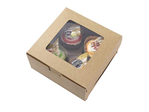 ST.LORIAN 15 Packs Bakery Cupcake Boxes with Window and Inserts 4 Holders,Twine and Stickers,6x6x3 Inch Food Grade Kraft Cookie Boxes for Muffins,Small Cakes,Cupcakes(15 Packs, Kraft)