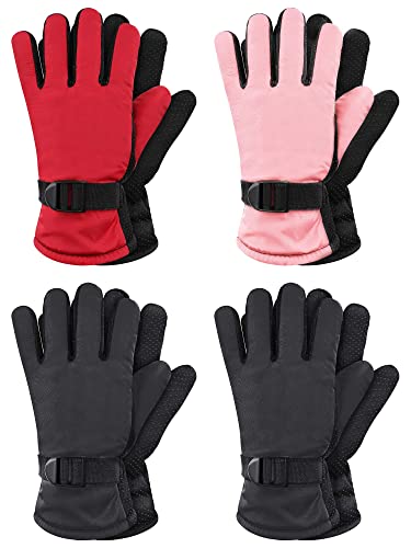 4 Pairs Winter Waterproof Snow Ski Gloves for Kids Warm Unisex Camouflage Gloves for Cold Weather Girls Boys Children (Red, Pink, Black, Black,for 6 - 12 Years Old)