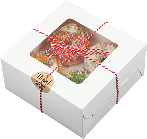 ST.LORIAN 30 Packs Bakery Cupcake Boxes with Window and Inserts 4 Holders,Twine and Stickers,6x6x3 Inch Food Grade Cookie Boxes for Muffins,Small Cakes,Cupcakes(30 Pack, White)