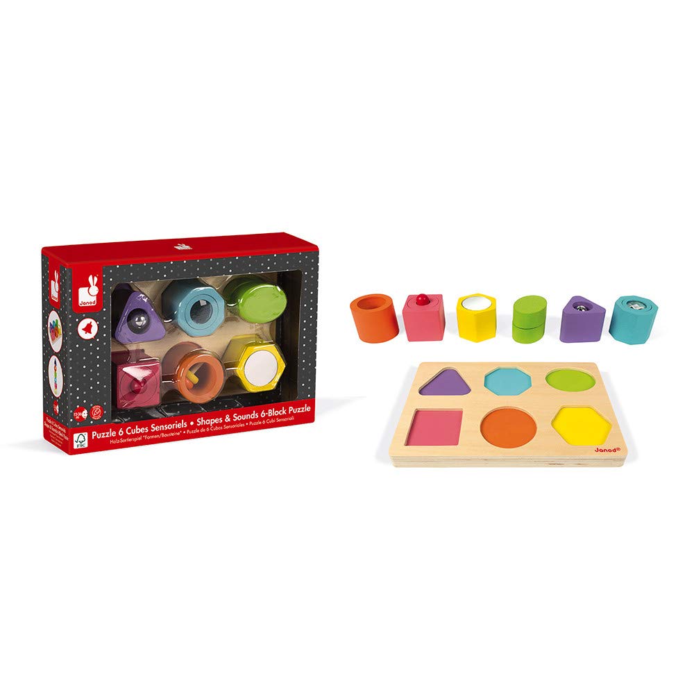 Janod I Wood – Shapes and Sounds 6 Block Puzzle – Ages 12 Months+ - J05332