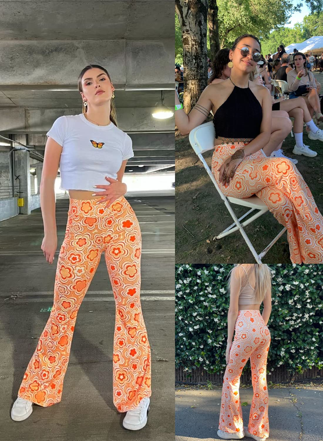 70s Flare Pants for Women - EDC Rave Festival Outfit High Waist Bell Bottom Boho Cute Groovy Disco Trousers(Orange, M, 1050e)