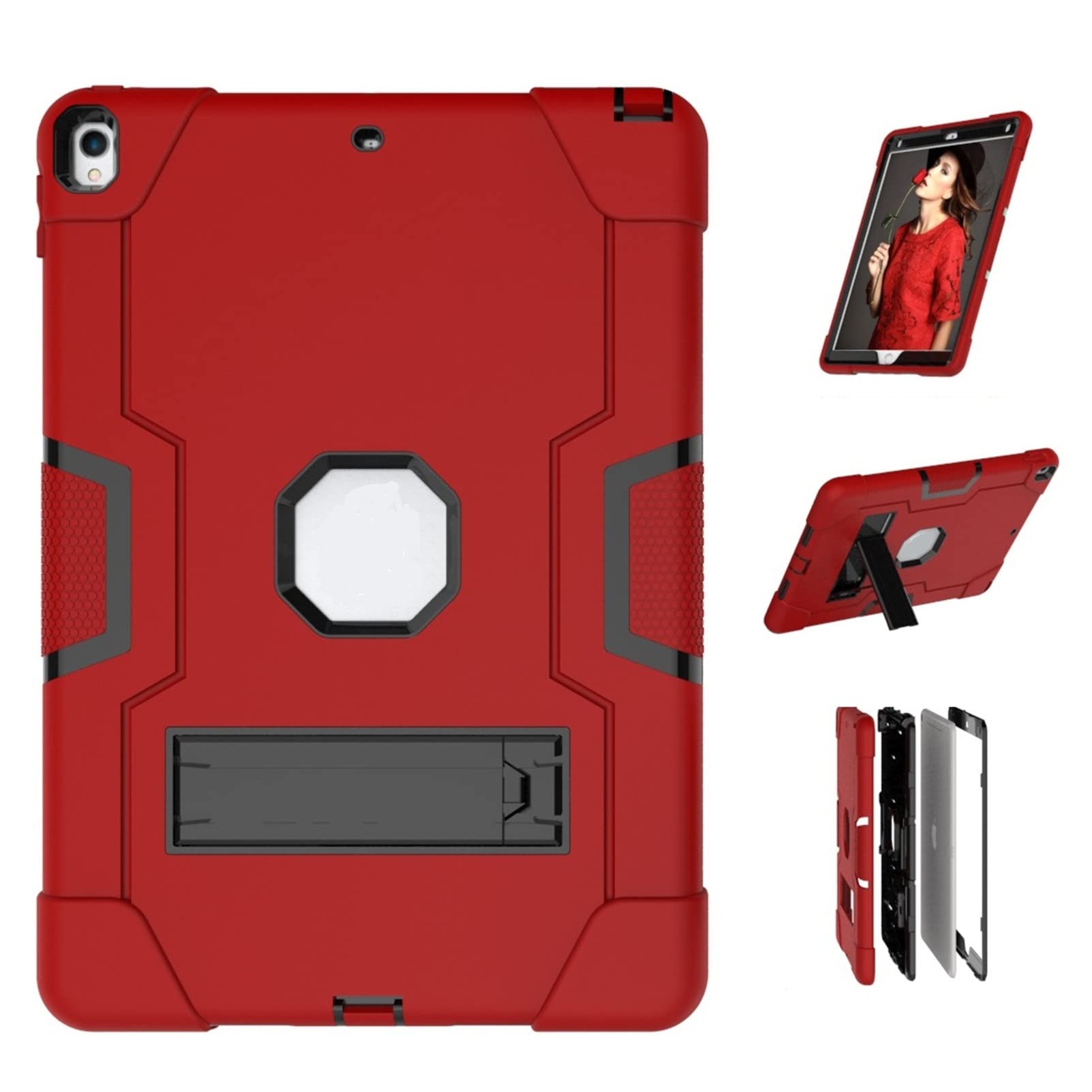 Jaorty Case for iPad Air 3 10.5" 2019,for iPad Pro 10.5 inch 2017 Case,3 in 1 Hybrid [Soft&Hard] Heavy Duty Rugged Stand Shockproof Anti-Slip Anti-Scratch Full-Body Protective Case,Red/Black