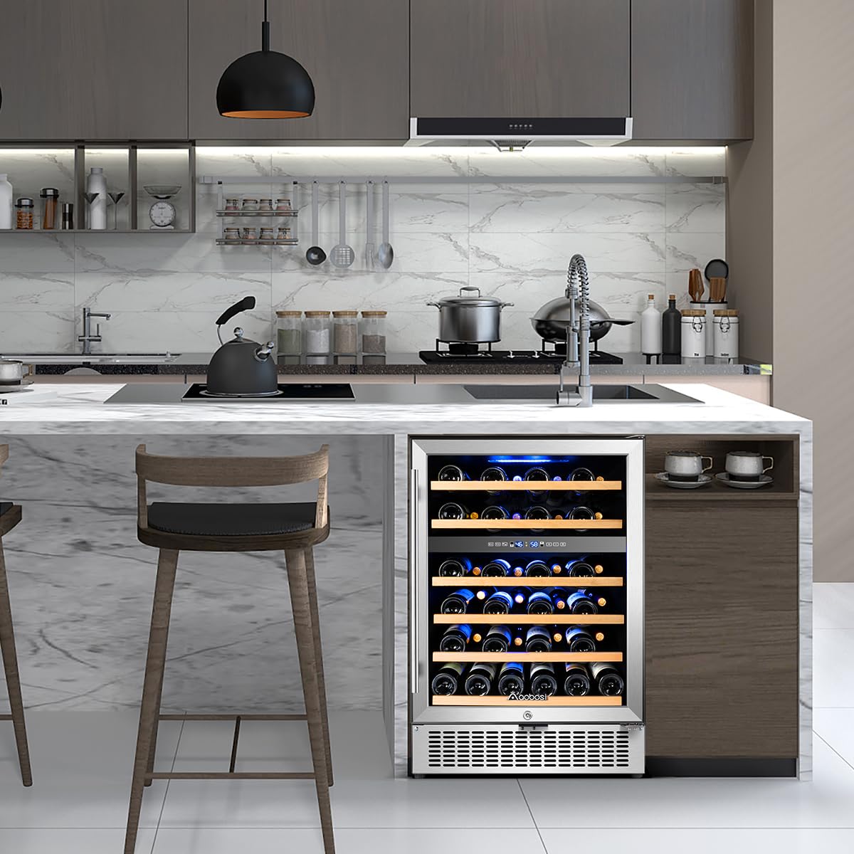 AAOBOSI 24 Inch Dual Zone Wine Cooler 46 Bottle with Upgraded Compressor Advanced Cooling System Quiet Operate, Freestanding and Built-in Wine Refrigerator