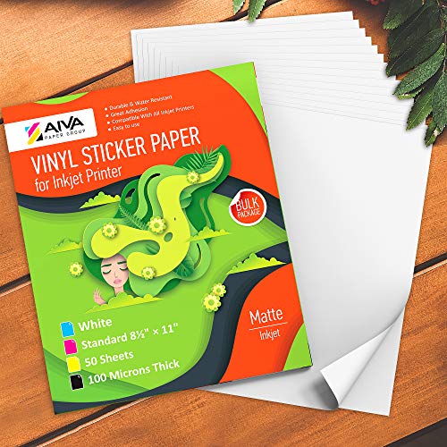 Printable Vinyl Sticker Paper - Waterproof Decal Paper for Inkjet Printer - 50 Self-Adhesive Sheets - Matte White - Standard Letter Size 8.5"x11"