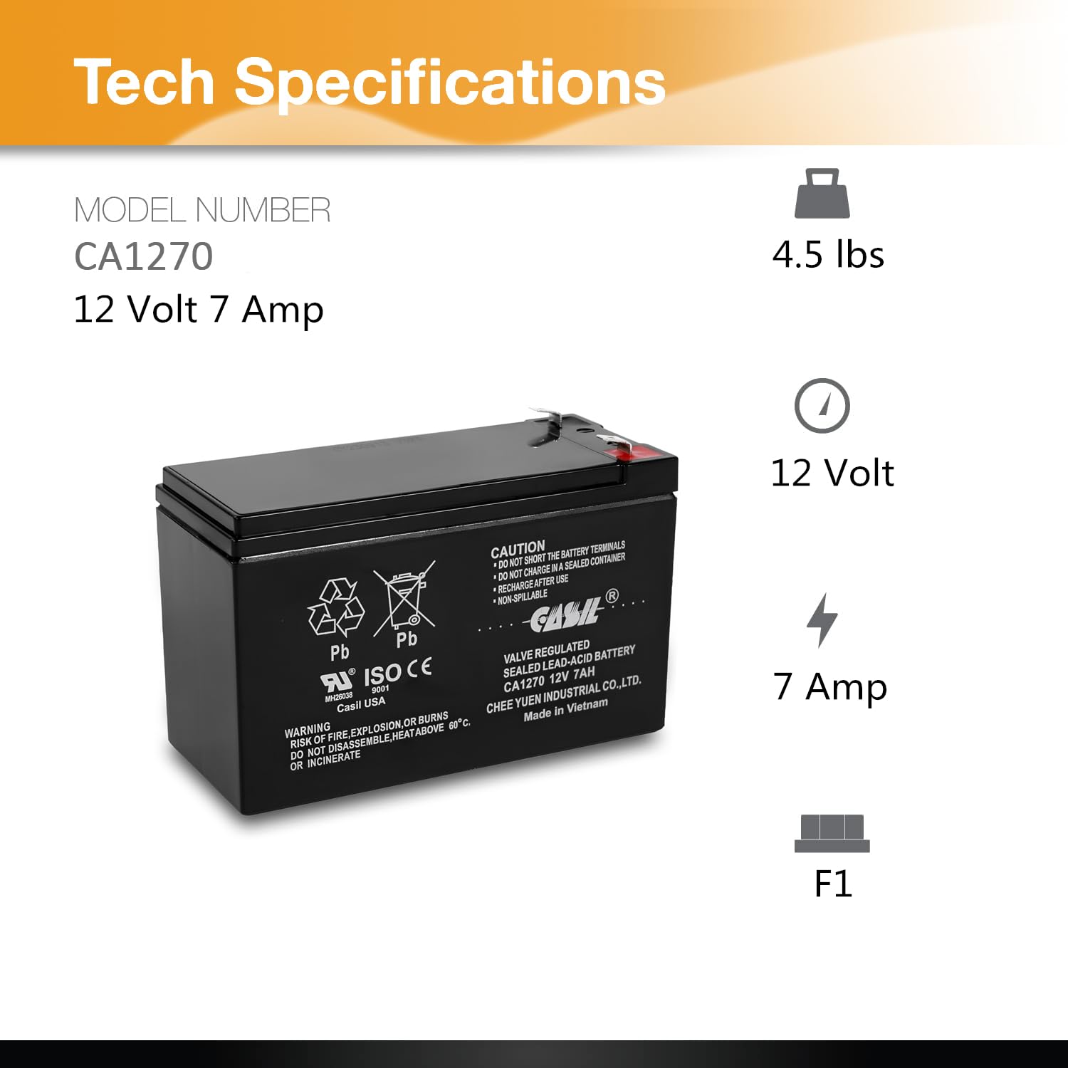 Casil 12V 7AH CA1270 Sealed Lead Acid Alarm Battery for UPS and Alarm Systems