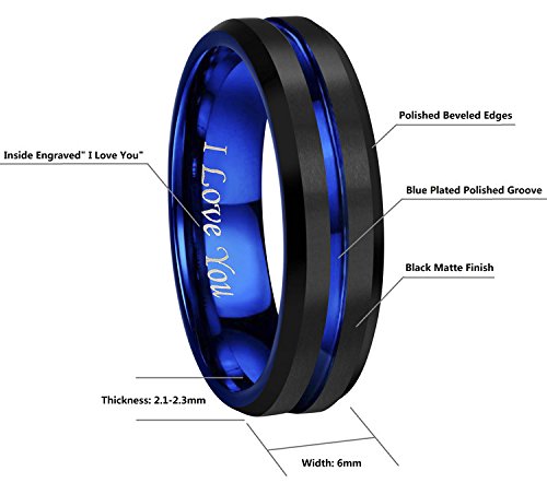 4mm 6mm 8mm 10mm Blue Groove Black Matte Finish Tungsten Carbide Wedding Band Ring Engraved I Love You (6mm,10.5)