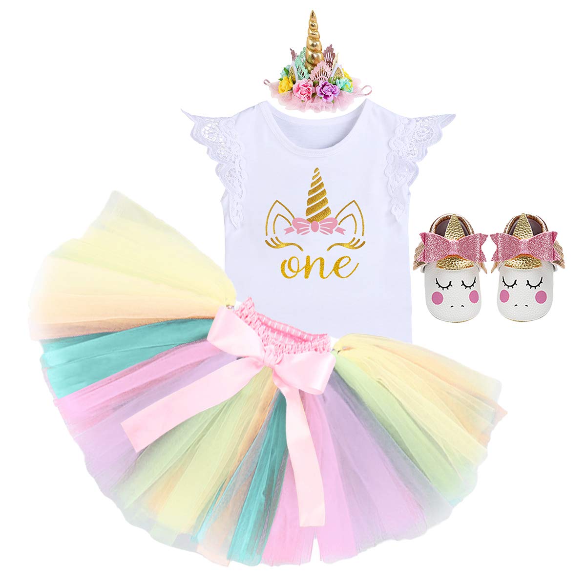 FMYFWY Baby Girls Unicorn Cake Smash 1st Birthday Princess Outfits Cotton Romper Rainbow Tutu Skirt Unicorn Headband Shoes White L