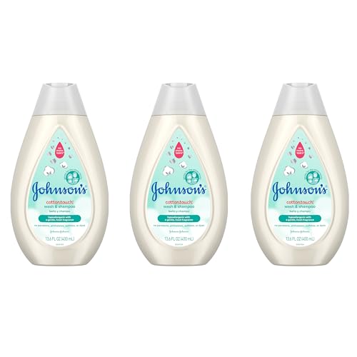 Johnson's CottonTouch Newborn Baby Wash & Shampoo with No More Tears, Sulfate-, Paraben- Free for Sensitive Skin, Made with Real Cotton, Gently Washes Away Dirt & Germs, 13.6 fl. oz, Pack of 3