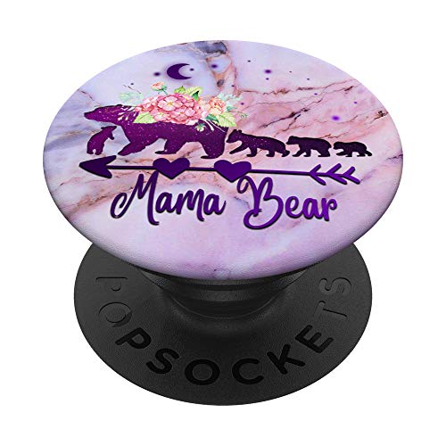 Purple Floral Mama bear with Four cubs on Pink Blue Marbled PopSockets Swappable PopGrip