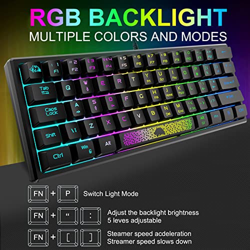 60% Gaming Keyboard Honeycomb Mouse and RGB Headset Comboith Rainbow Backlight Ergonomic 62Key Mechanical Feeling Adjustable 7200DPI Mice Stereo Sound Headphone for PS4 Xbox One PC Mac Gamer