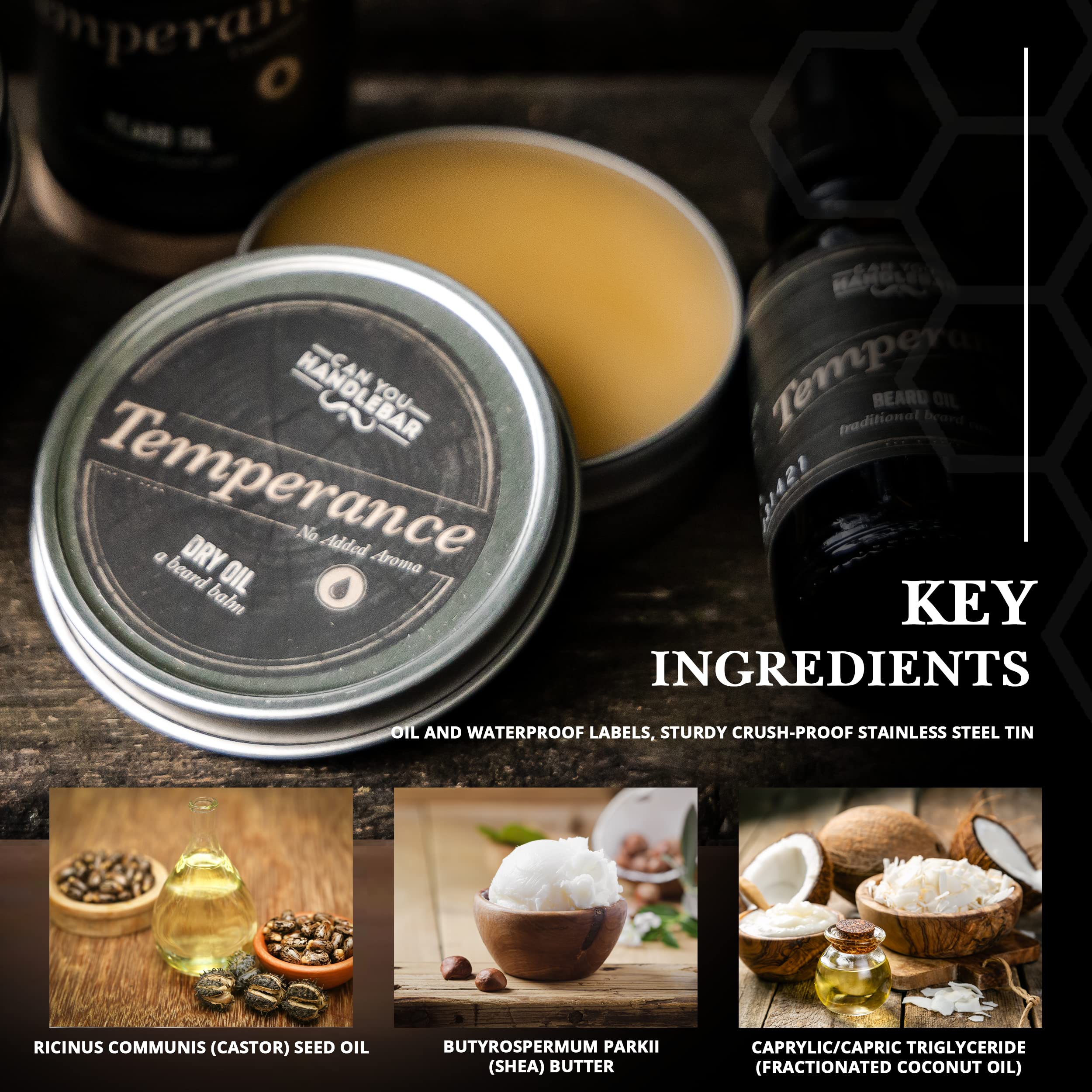CanYouHandlebar Temperance - Fragrance Free Unscented - Premium Beard Balm for Men | Dry Oil Beard Conditioner | 2 Oz Stainless Steel Tin
