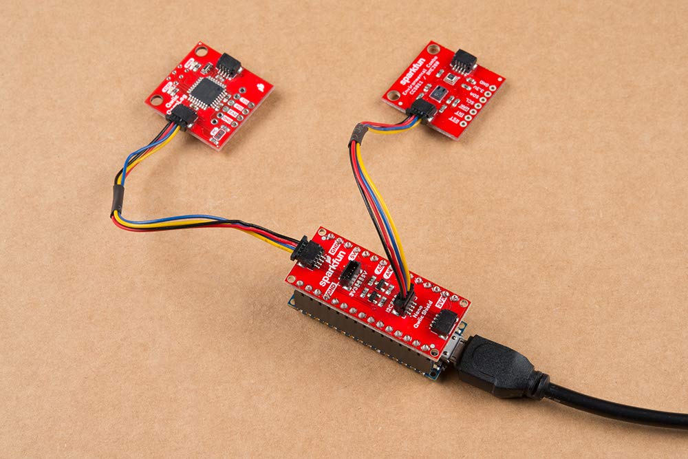 SparkFun Qwiic Shield Compatible with Arduino Nano-connect the I2C bus (GND, 3.3V, SDA and SCL) to four Qwiic connectors (two horizontally and two vertically mounted)-daisy chaining-Soldering Required