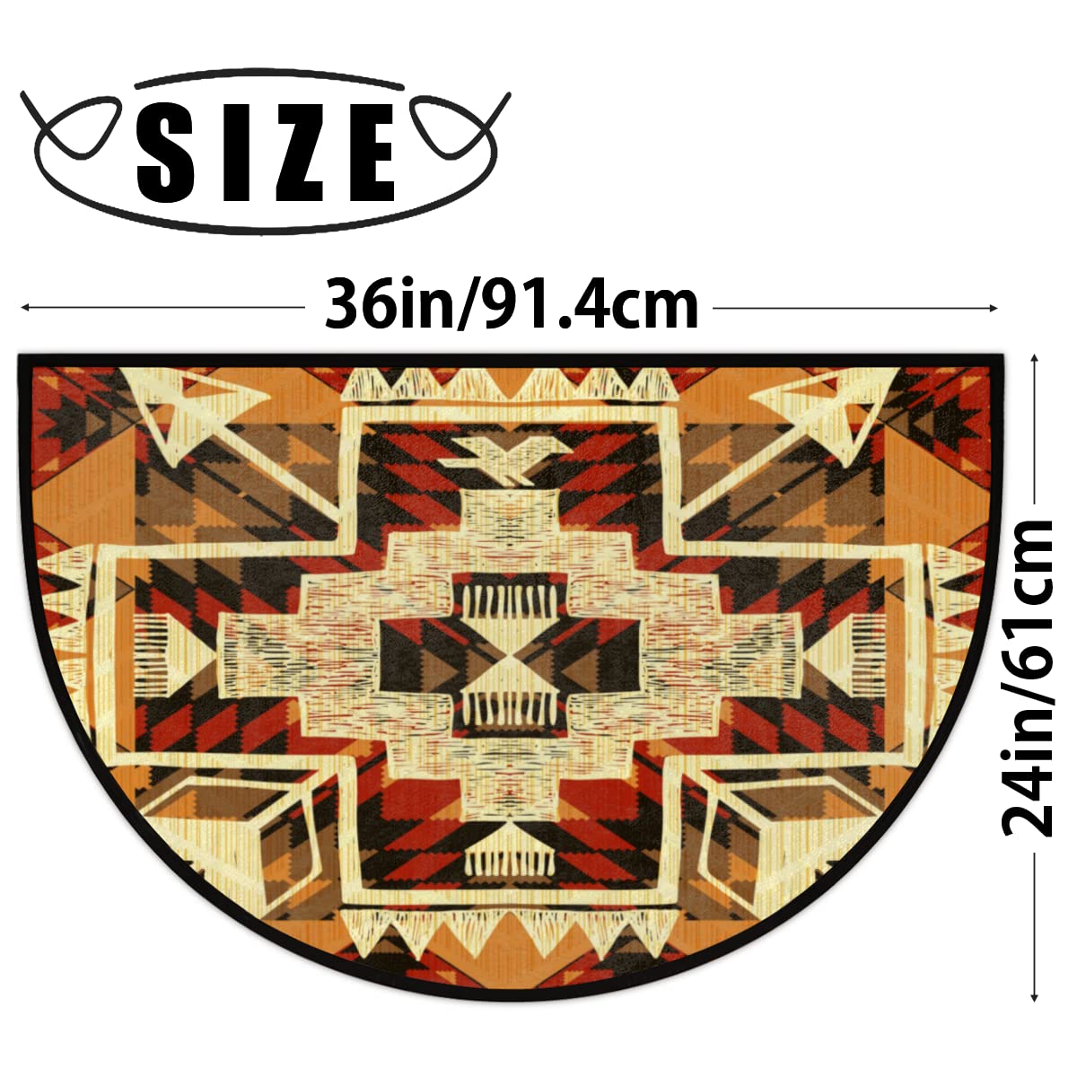 Native American Arrow Style Half Round Door Mat Indoor Entrance 24X36" Ethnic Semi Circle Floor Rug Non Slip Absorbent Bathroom Mats Half Moon Area Rugs for Kitchen Patio Fireplace Hearth Rugs