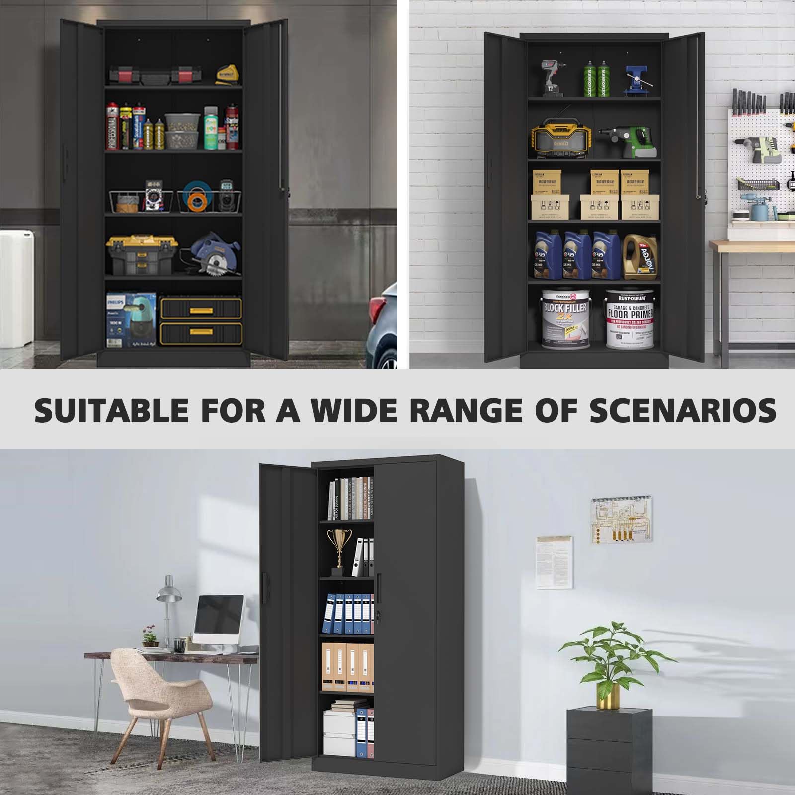 72" Metal Steel Heavy Duty Storage Cabinet with Locking Door, 4 Adjustable Shelves, Horizontally Adjustable Feet, Tool Cabinet for Garage, Home, Classroom/Office and Kitchen (Black)