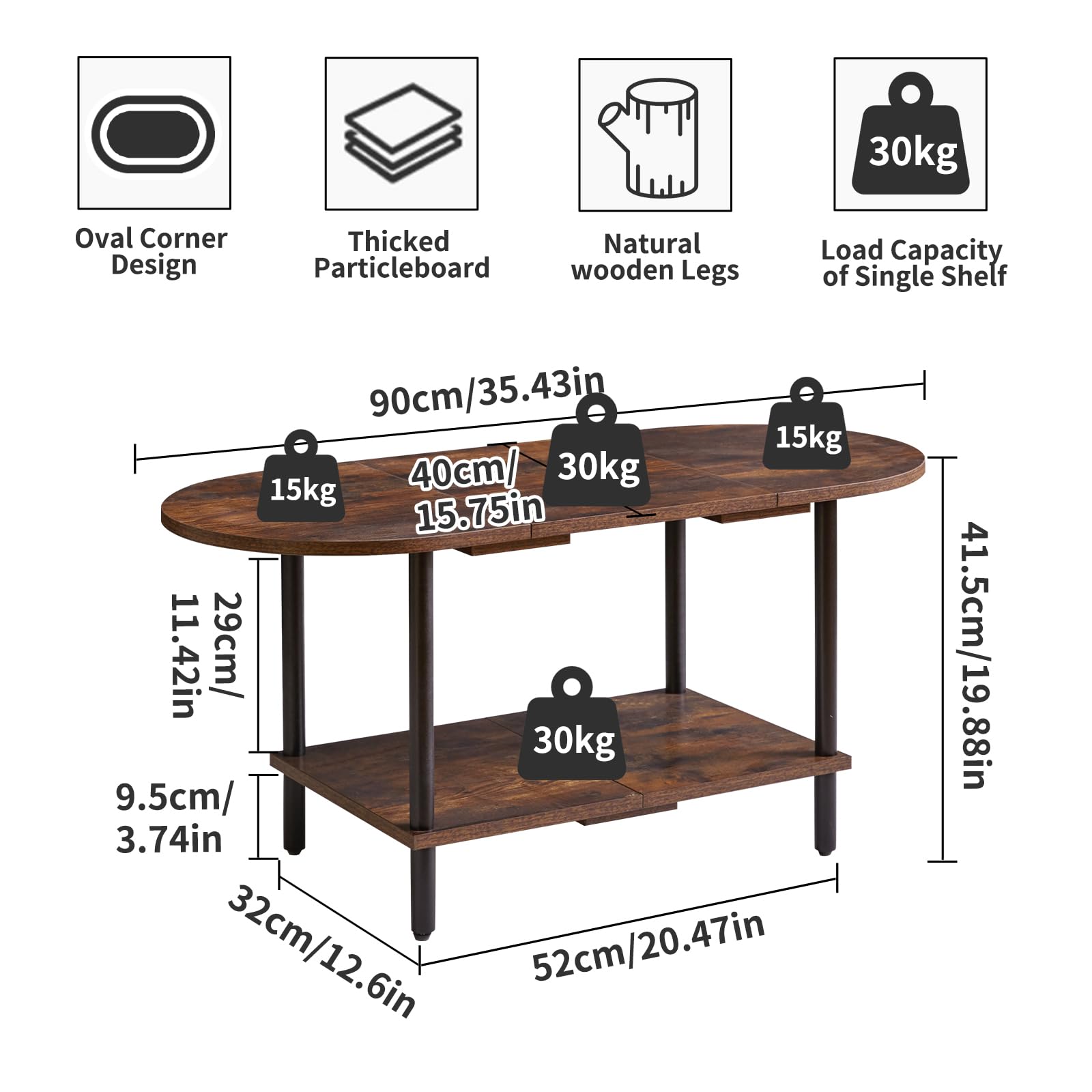 Aibiju Rustic Coffee Table Splicing Design, TV Centre Table Stand 35 * 16 * 17", 2-Tier Oval Wood Tea Table for Living Room Apartment Rustic Brown YD-011H