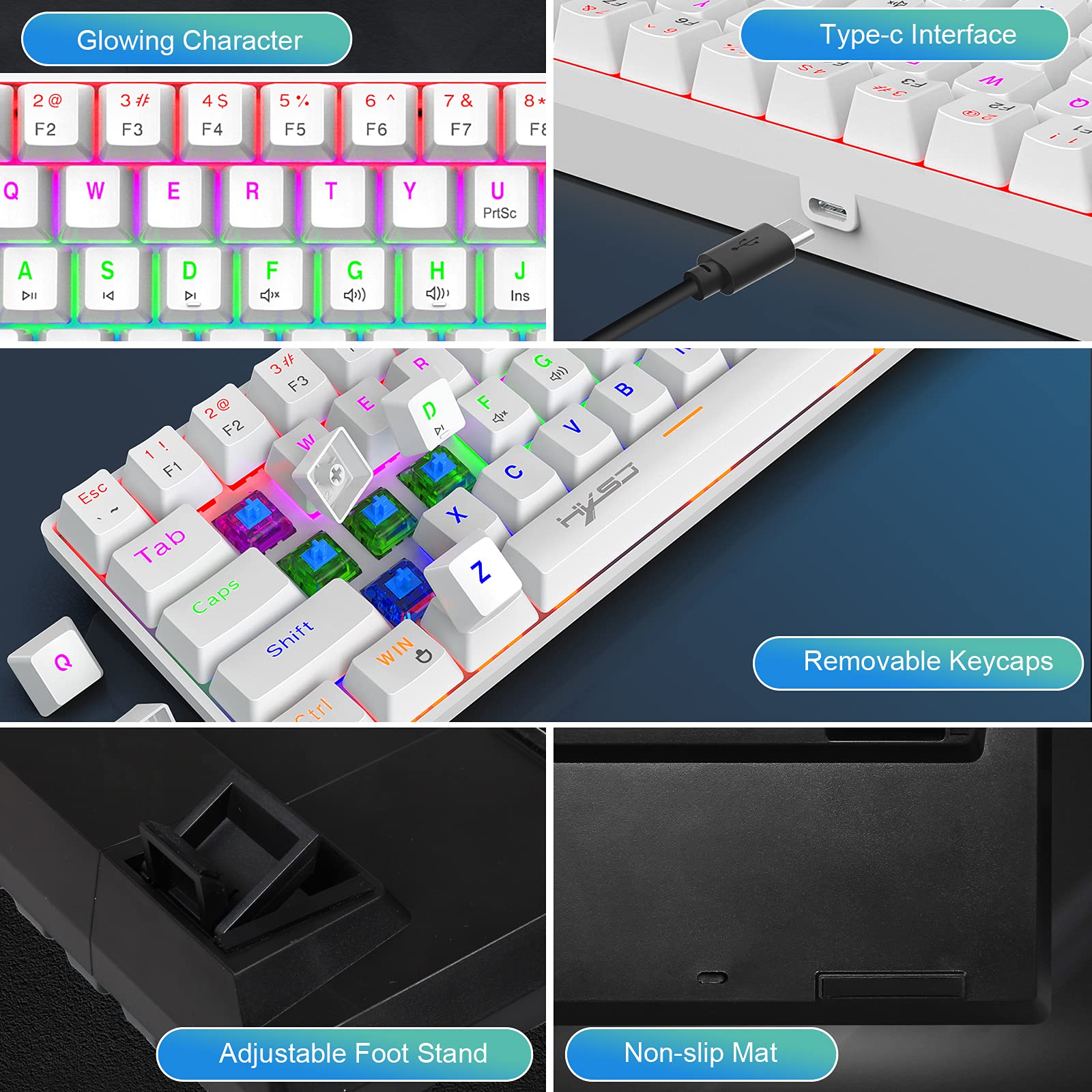 60% Mechanical Gaming Keyboard and Mouse with Full Anti-ghosting Ergonomic 61 Key Rainbow Backlight Blue Switch Type-C Wired Lightweight Honeycomb Mice 6400 DPI for Computer Laptop Gamer Typist(White)