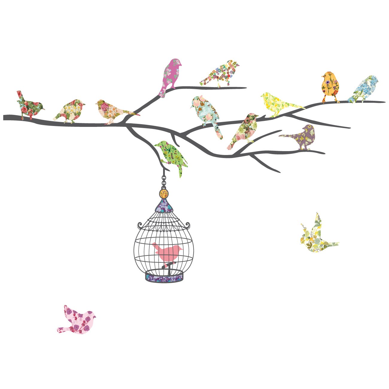 DECOWALL DW-1202 14 Birds on a Branch Kids Wall Stickers Wall Decals Peel and Stick Removable Wall Stickers for Kids Nursery Bedroom Living Room