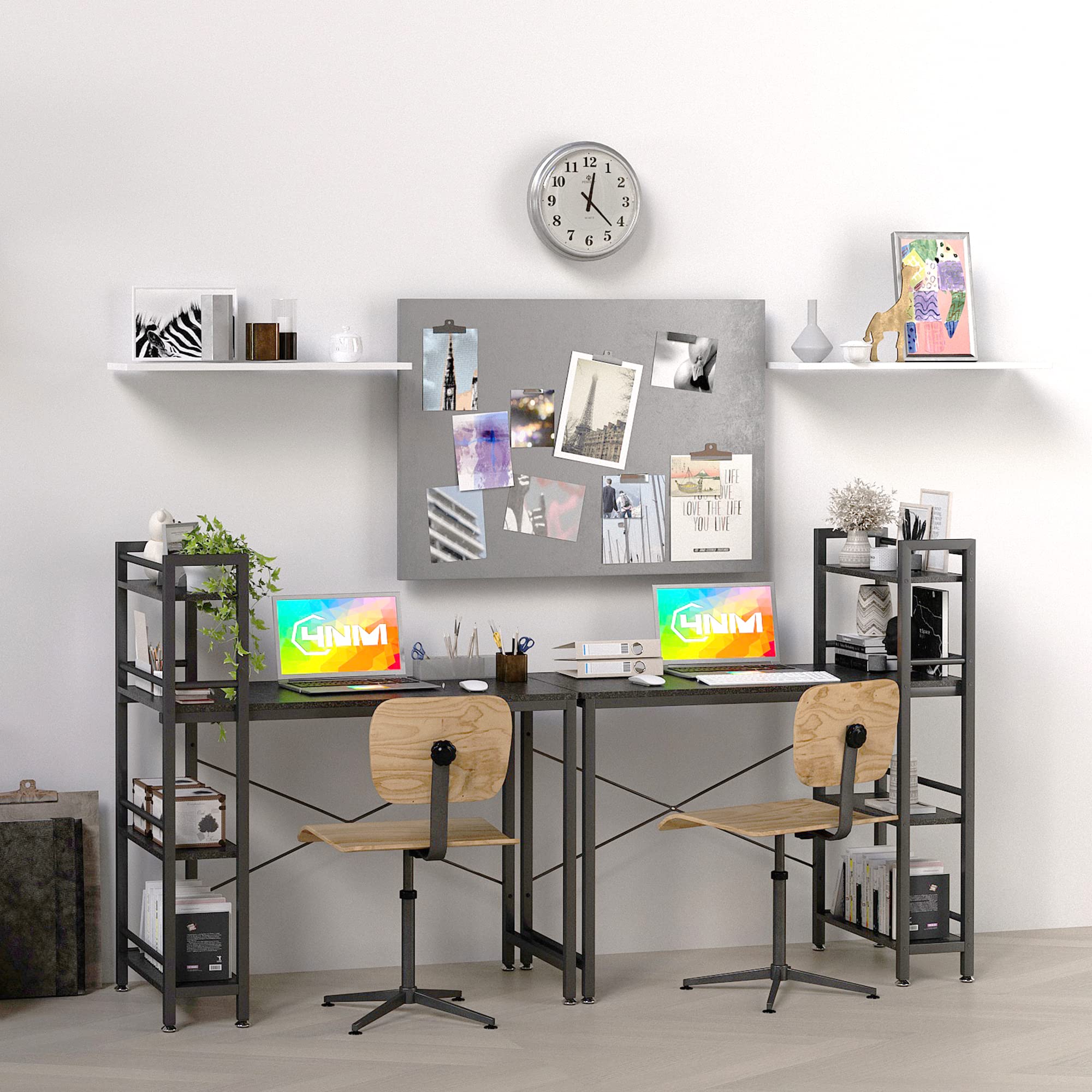 4NM 47" Computer Desk with 4-Tier Bookshelf, Home Office Desk Writing Workstation Study Table Multipurpose for Small Space Work - Rustic Brown and Black