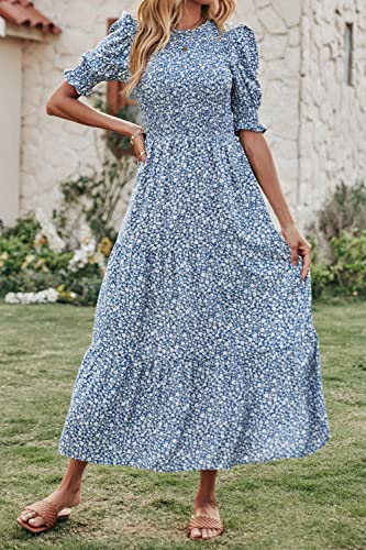 BTFBM Women Casual Summer Dresses 2023 Spring Crew Neck Ruffle Short Sleeve Floral Leopard Smocked Boho Flowy Maxi Dress(Floral Blue White, Medium)