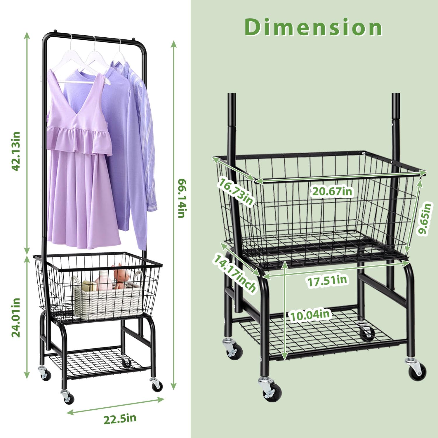 Mosxoed Laundry Cart with Wheels and Hanging Rack, Rolling Laundry Basket with Clothes Rack Laundry Butler with Wire Storage Rack Coat Rack for Laundry Bedroom Hallway, Black