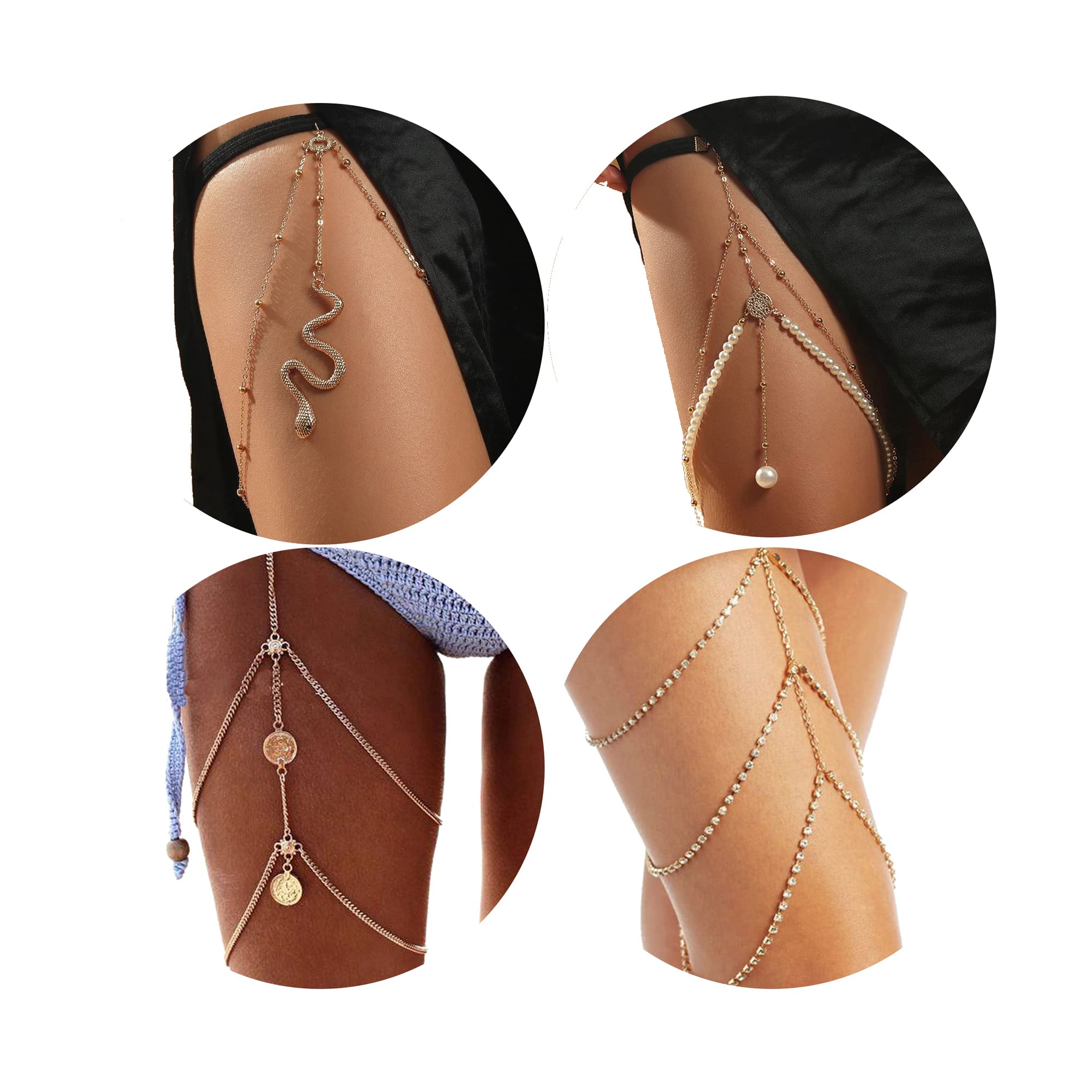 4Pcs Leg Chain Jewelry for Women Snake Charm Thigh Chain For Womens Leg Chain Boho Body Chain for Beach Summer Holiday