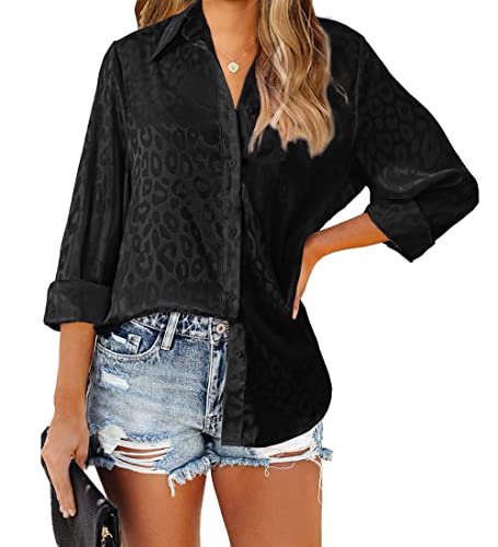 BTFBM Women's Satin Button Down Shirts Roll Up Long Sleeve Lapel V Neck Loose Casual Work Summer Fall Blouse Tops 2023(Leopard Black, Small)