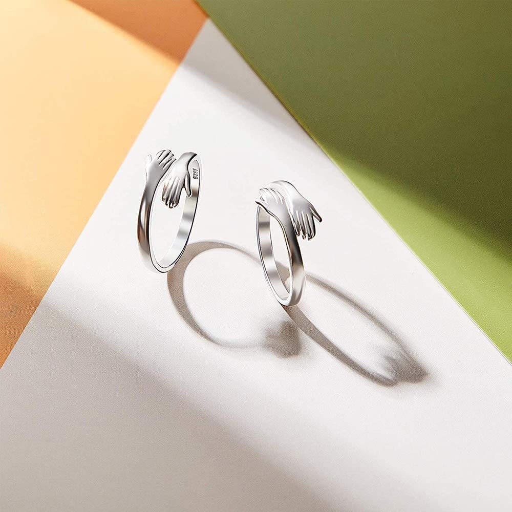 7mohugme Hug Ring 925 Sterling Silver Rings for Women Girls Silver Hugging Hands Open Ring Jewelry Hug Hands Statement Rings Wedding Bands (Silver Hug Ring)