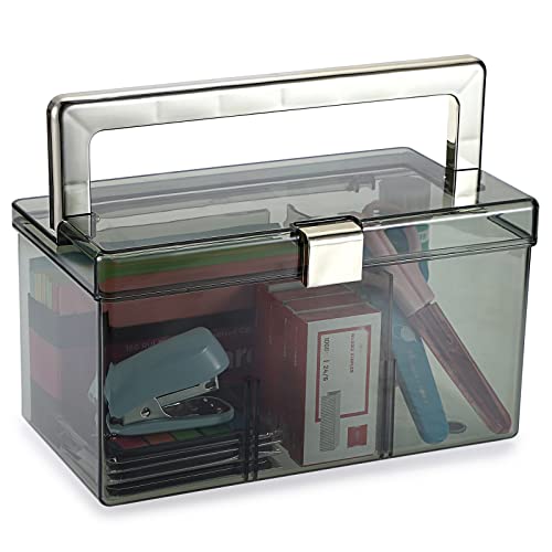 BTSKY Multipurpose Plastic Storage Box with Top Handle & Latch Lock- Portable Storage Box Sewing Box, Tool Box with 2 Removable Grids and Anti-slip Feet for Organizing Art Craft Supplies, Cosmetics, Stationary Supplies(Clear Green)