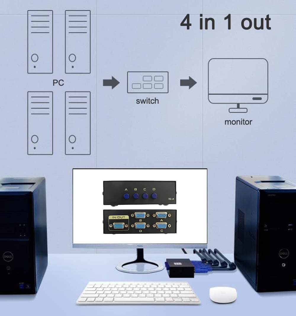 DEEIRAO VGA Switch Box, 4 Port 15 Pin Female (4 in 1 Out) Resolution up to 1920x1440 Signal Splitters for Electronic Apparatus PC Computer Monitor