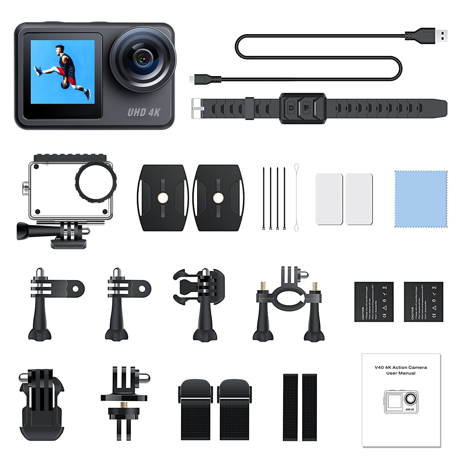 4K 20MP Action Camera Dual Screen 40M Waterproof Underwater Camera, WiFi Sports Camera, PC Webcam with EIS Remote Control, Charger and 2X 1350 Batteries