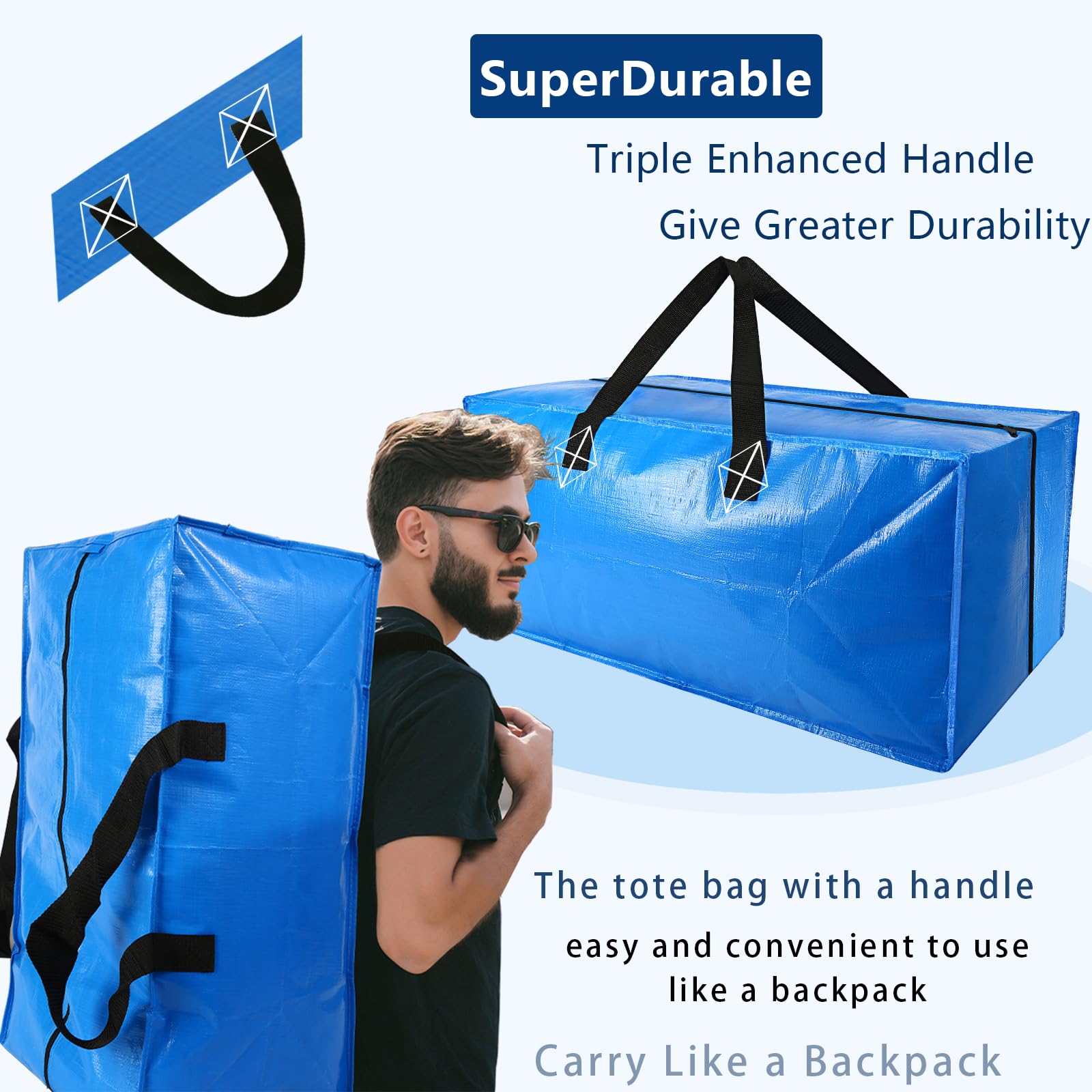 6 Pack Heavy Duty Extra Large Moving Bags Storage Tote - Strong Handles& Backpack Straps - Space Saving Storage Bags Alternative to Moving Boxes and Bins,Compatible with Ikea Frakta Cart, Blue