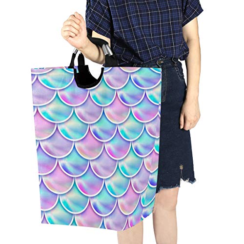 Ollabaky Large Foldable Laundry Hamper Bag with Handles, Mermaid Scales Laundry Basket Box Big Storage Organizer for Family, Dormitory, Washhouse…