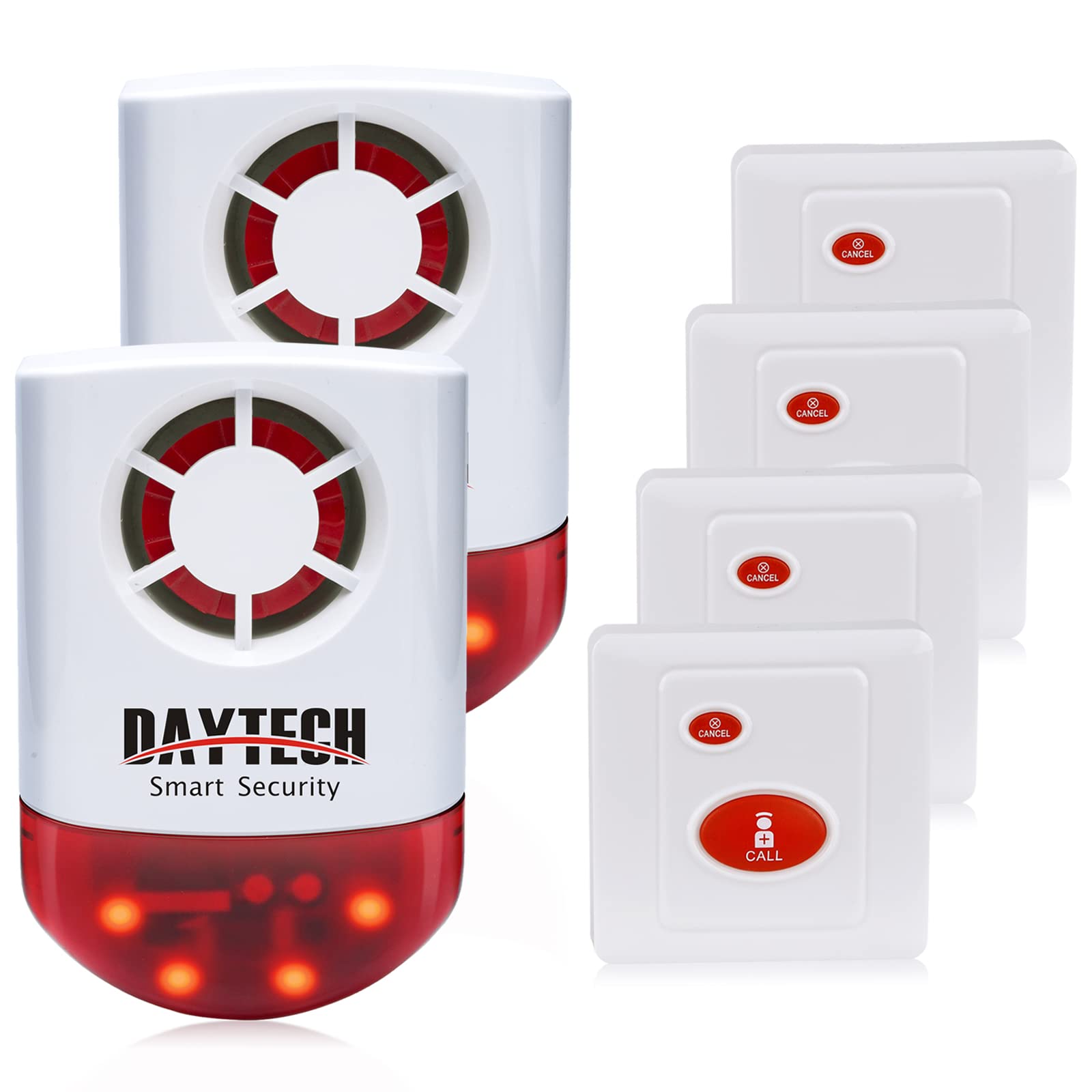 Daytech Strobe Siren Panic Alarm Button Siren Alarm with Light for Home Caring Loud Outdoor SOS Alert System 2 Red Flashing Siren and 4 Emergency Button for Store Hotel Jewelry Shop Security
