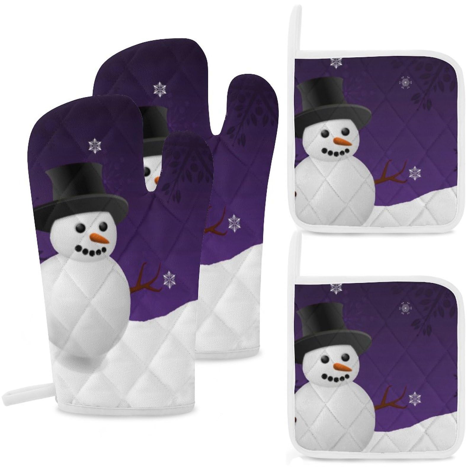 4PCS Oven Mitts and Pot Holders Sets, Purple Snowman Winter Christmas Oven Mitts Set Heat Resistant Kitchen Microwave Gloves Safe for Baking,Cooking, BBQ